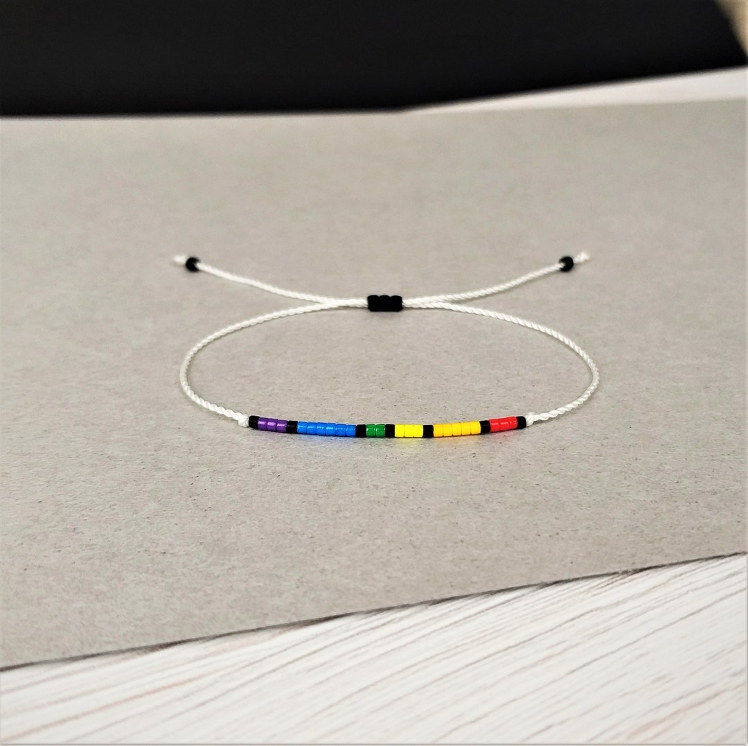 Subtle Rainbow Flag String Bracelet With Seed Beads, Gay Bracelet Cord ...