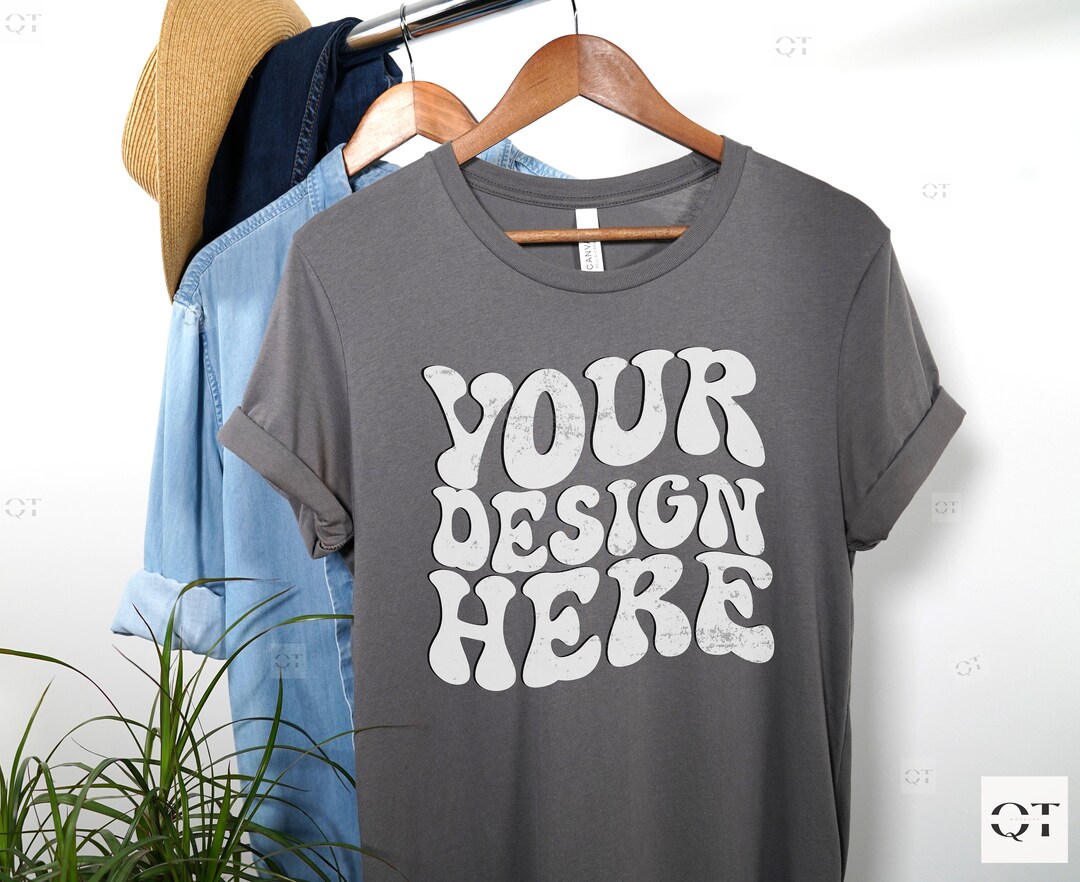Bella Canvas Asphalt Shirt Mockup, Hanging T-shirt Mockups, Styled Grey ...