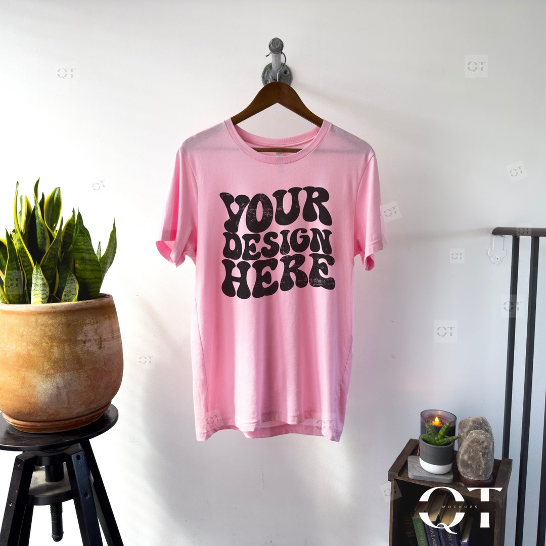 Bella Canvas Pink Shirt Mockup, Bella Canva 3001 T-shirt, Hanging Tee ...