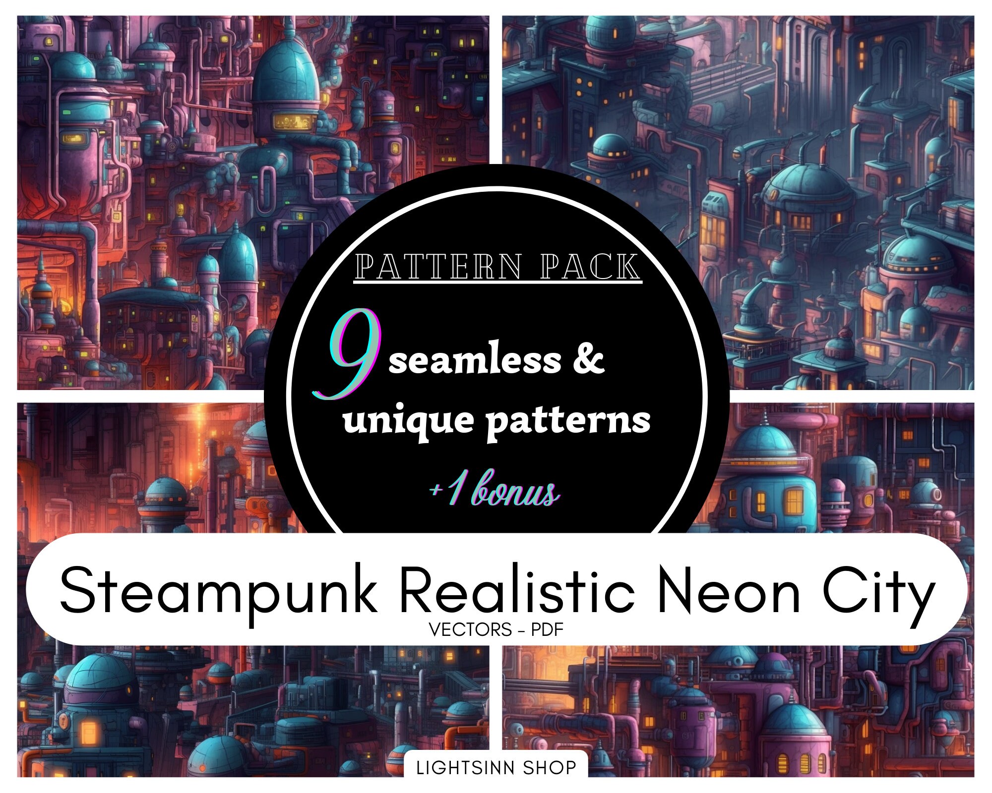 Steampunk Neon City Night Seamless Patterns Vector PDF - High ...