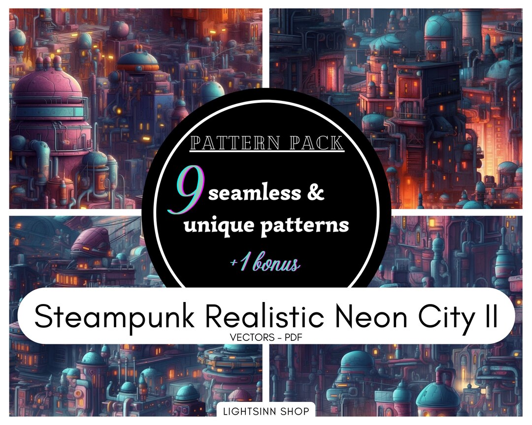 Steampunk Neon City Night II Seamless Patterns Vector PDF - High-resolution, Dark, Futuristic ...
