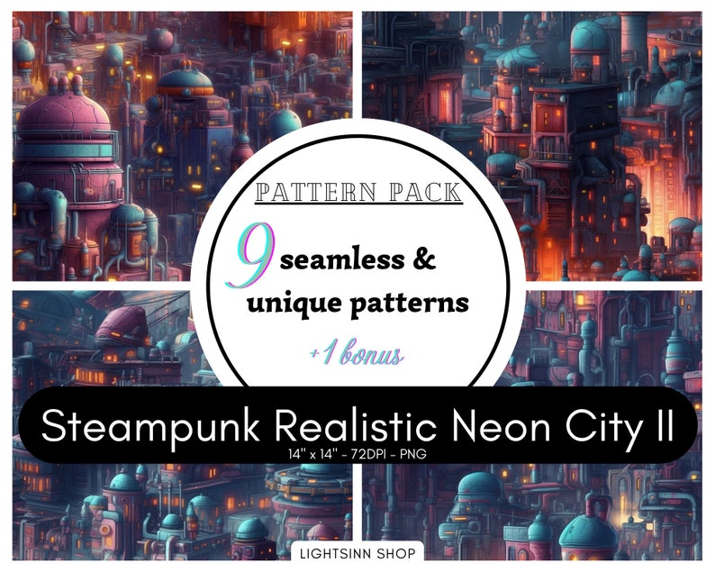 Steampunk Neon City Night II Seamless Patterns PNG High-quality, Dark ...