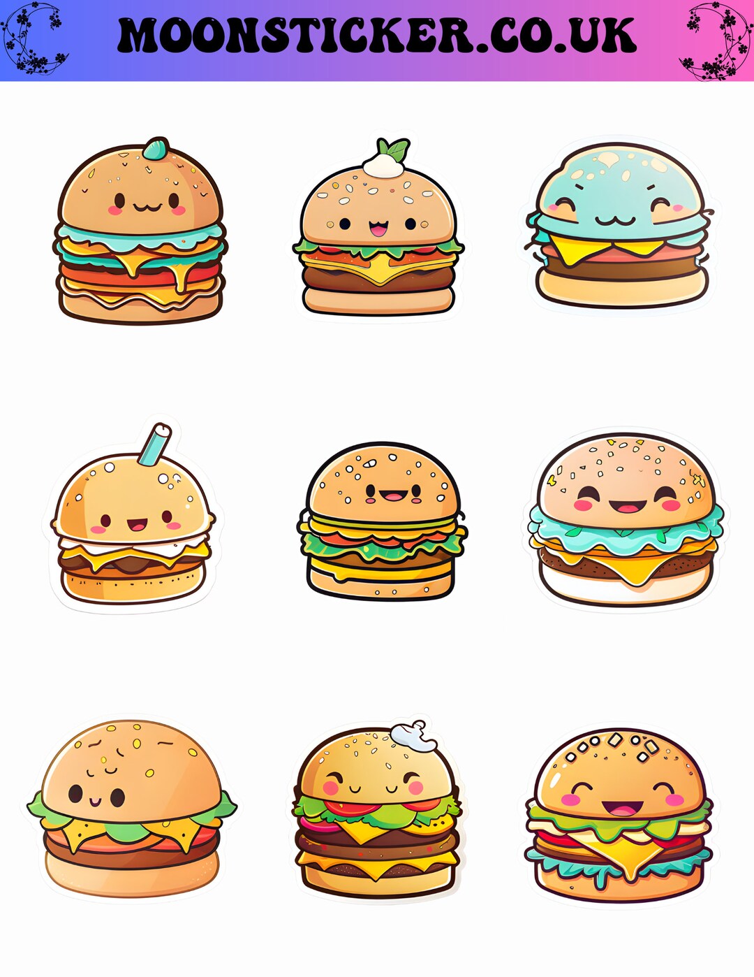 Burger Bliss: Adorable Cartoon Burger Sticker Sheet 9 - Etsy