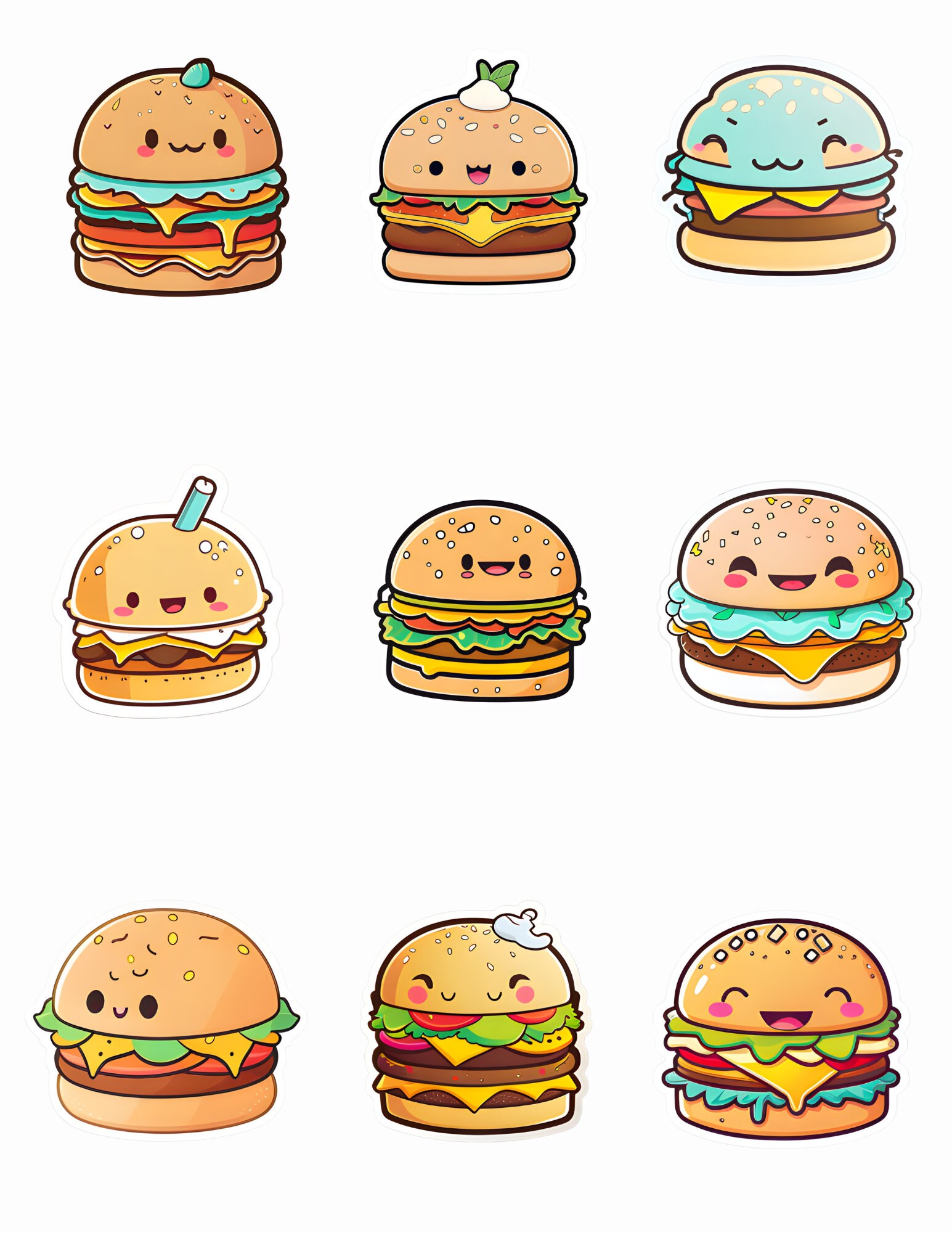 Burger Bliss: Adorable Cartoon Burger Sticker Sheet 9 Stickers - Etsy