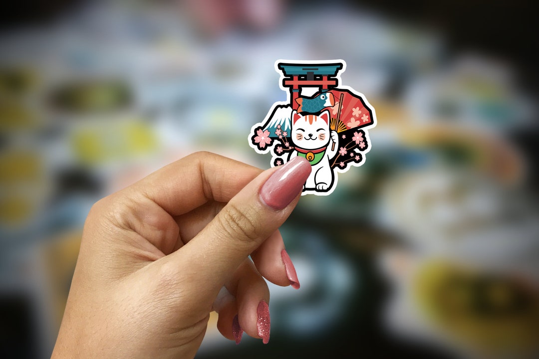 Lucky Cat Maneki Neko Torri Gate Cat Sticker Handmade | Japanese Waving ...