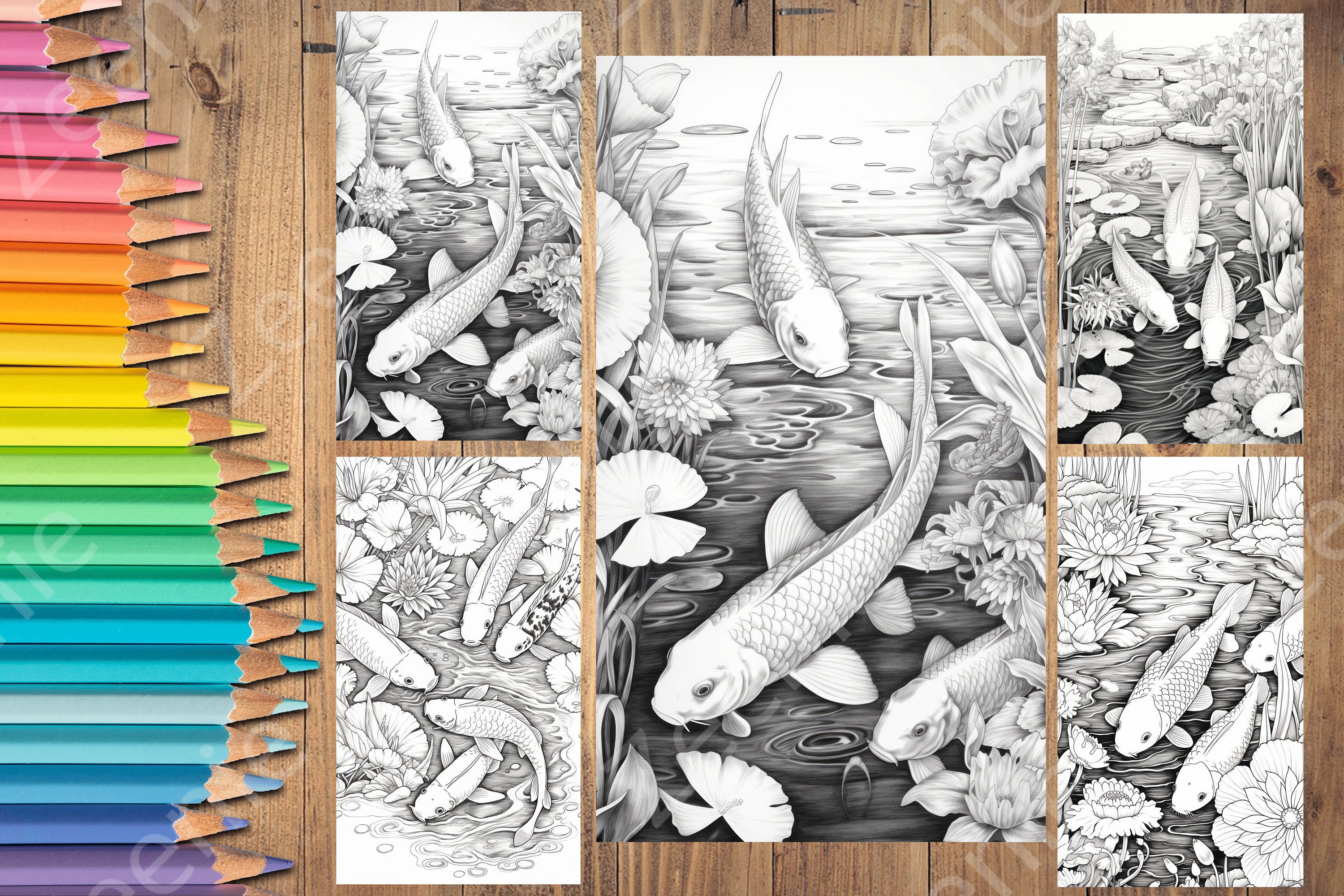 24 Peaceful Koi Ponds Coloring Book Adults Kids Coloring Pages, Instant ...