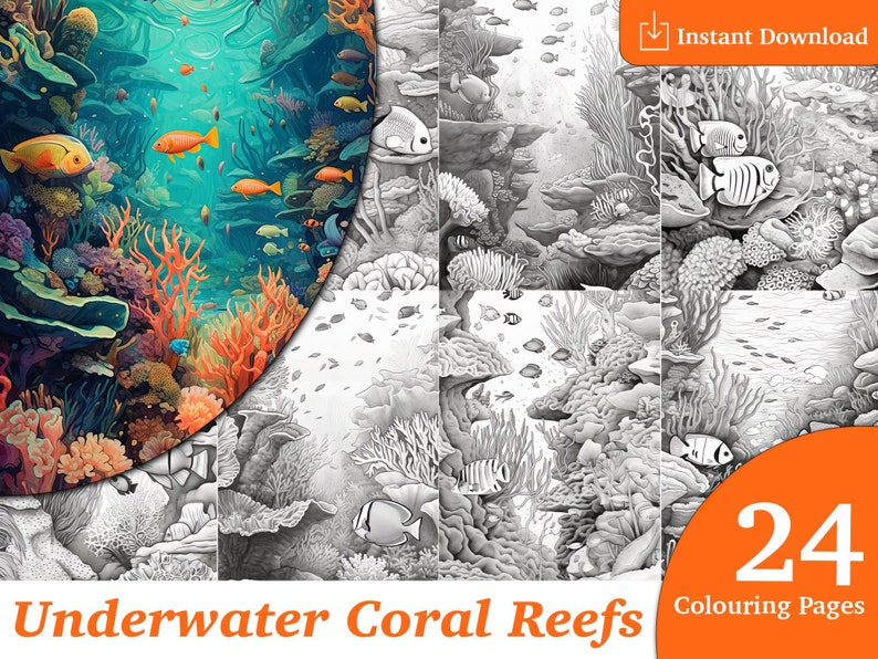 24 Underwater Coral Reef Coloring Book - Adults Kids Coloring Pages ...