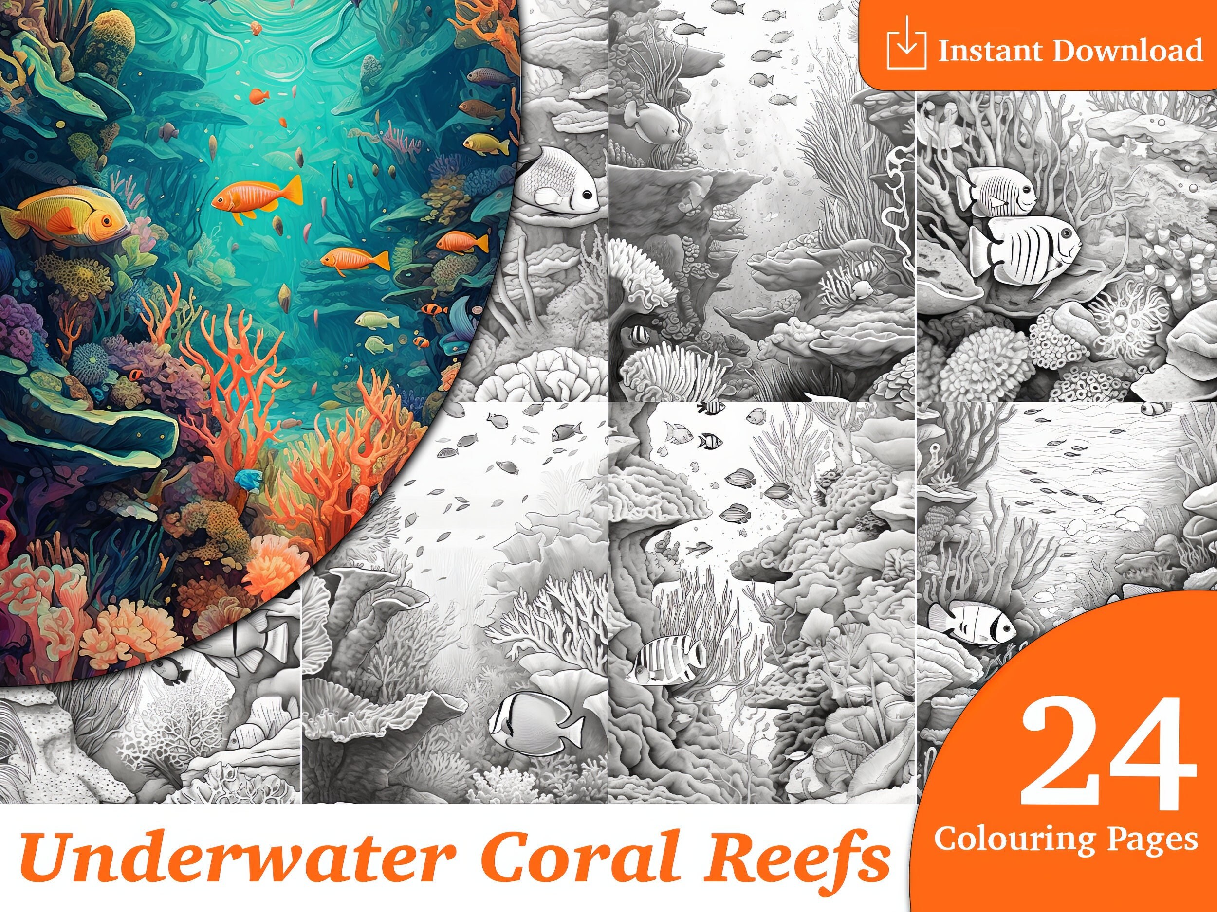 24 Underwater Coral Reef Coloring Book - Adults Kids Coloring Pages ...