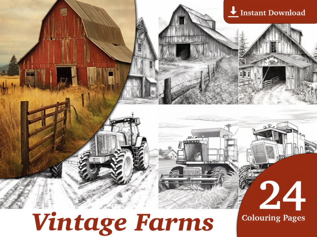 24 Vintage Farms - Adults Kids Coloring Pages, Instant Download ...