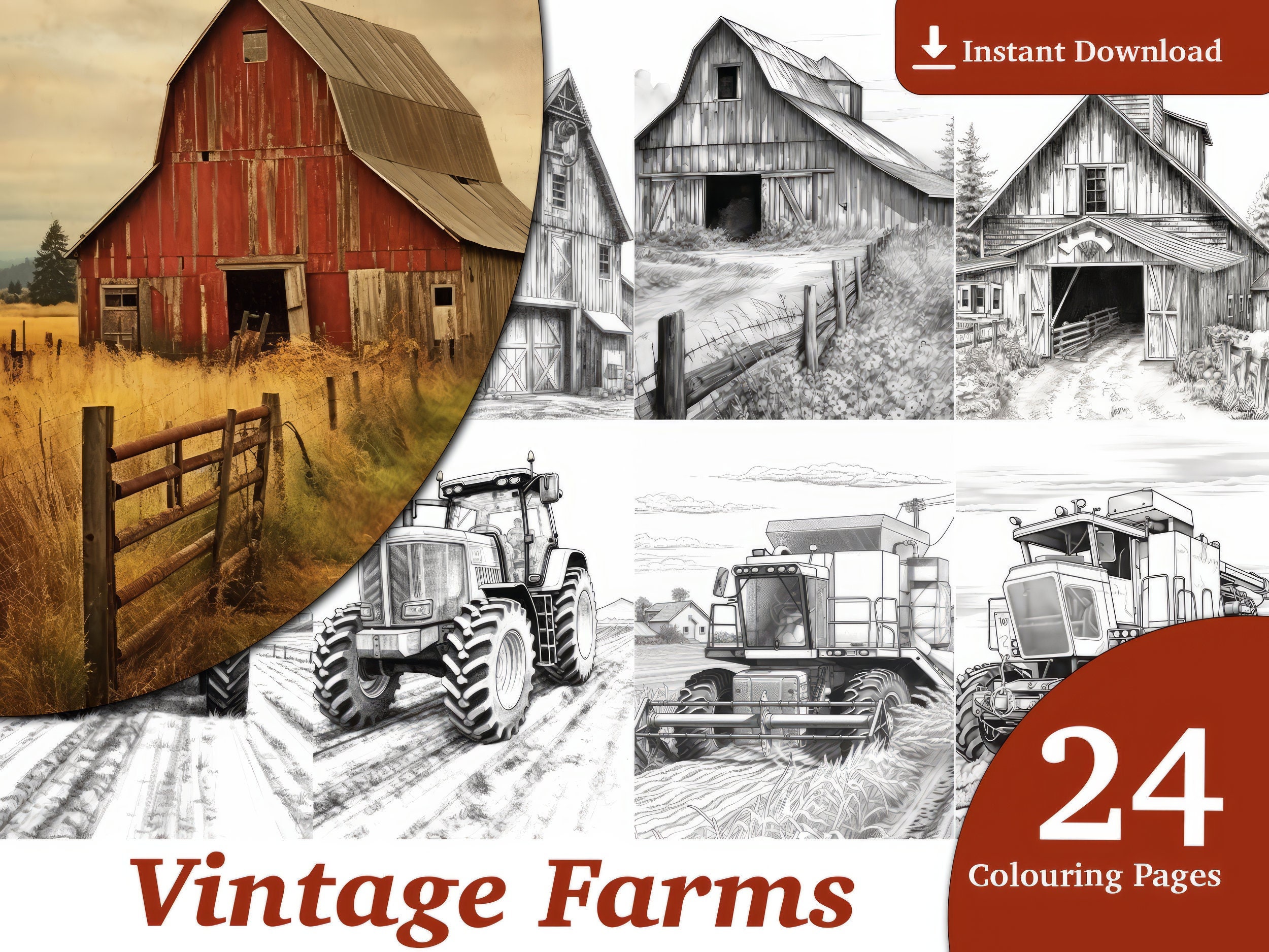 24 Vintage Farms - Adults Kids Coloring Pages, Instant Download ...