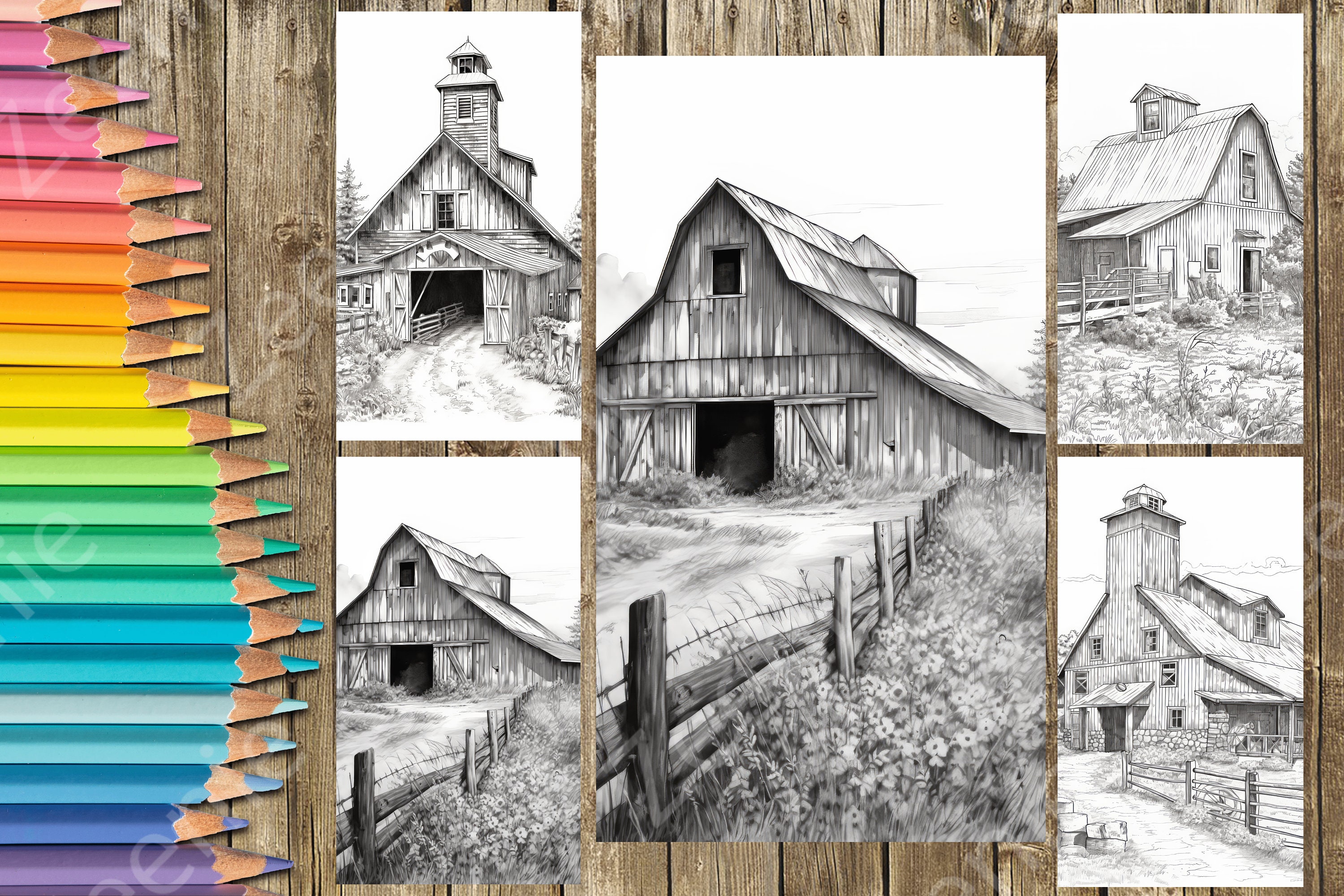 24 Vintage Farms - Adults Kids Coloring Pages, Instant Download ...