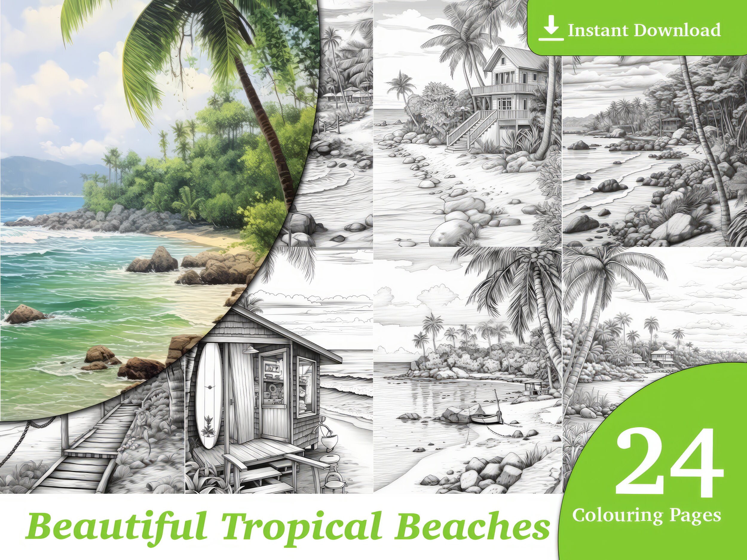 24 Beautiful Tropical Beaches Coloring Book - Adults Kids Coloring ...