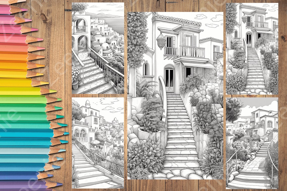 24 Mediterranean Greek Villas Coloring Book - Adults Kids Coloring ...