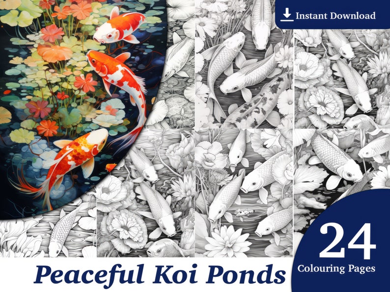 24 Peaceful Koi Ponds Coloring Book - Adults Kids Coloring Pages ...