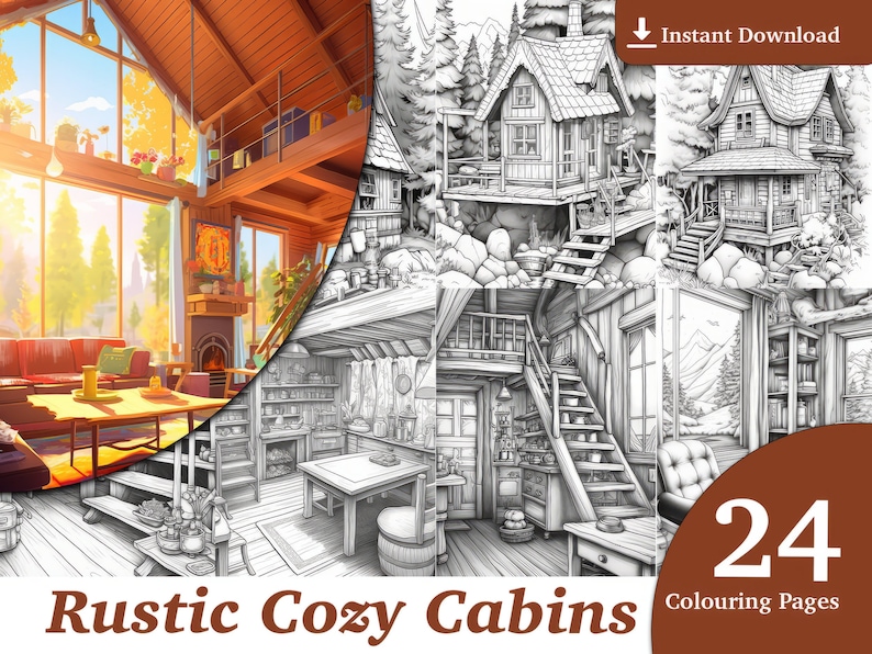 24 Cozy Cabins Coloring Book - Adults Kids Coloring Pages, Instant ...