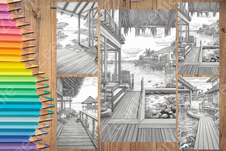 24 Overwater Bungalows Coloring Book - Adults Kids Coloring Pages ...
