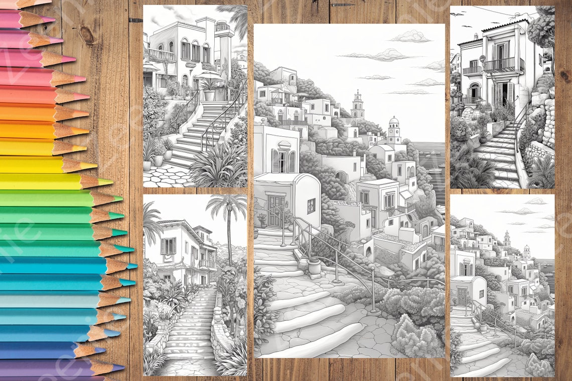 24 Mediterranean Greek Villas Coloring Book Adults Kids Coloring Pages ...