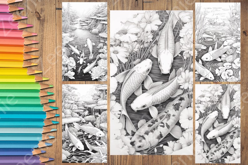 24 Peaceful Koi Ponds Coloring Book - Adults Kids Coloring Pages ...