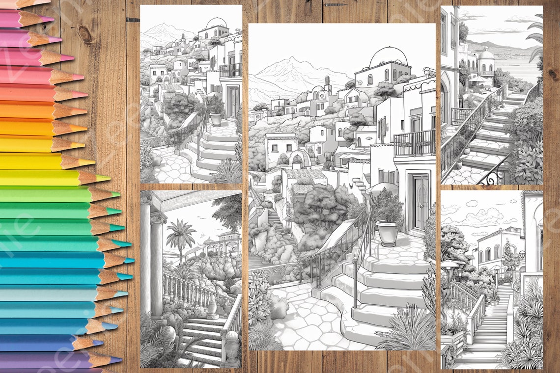 24 Mediterranean Greek Villas Coloring Book - Adults Kids Coloring ...