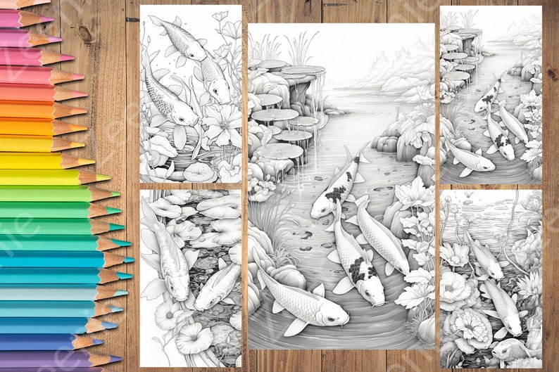 24 Peaceful Koi Ponds Coloring Book Adults Kids Coloring Pages, Instant ...