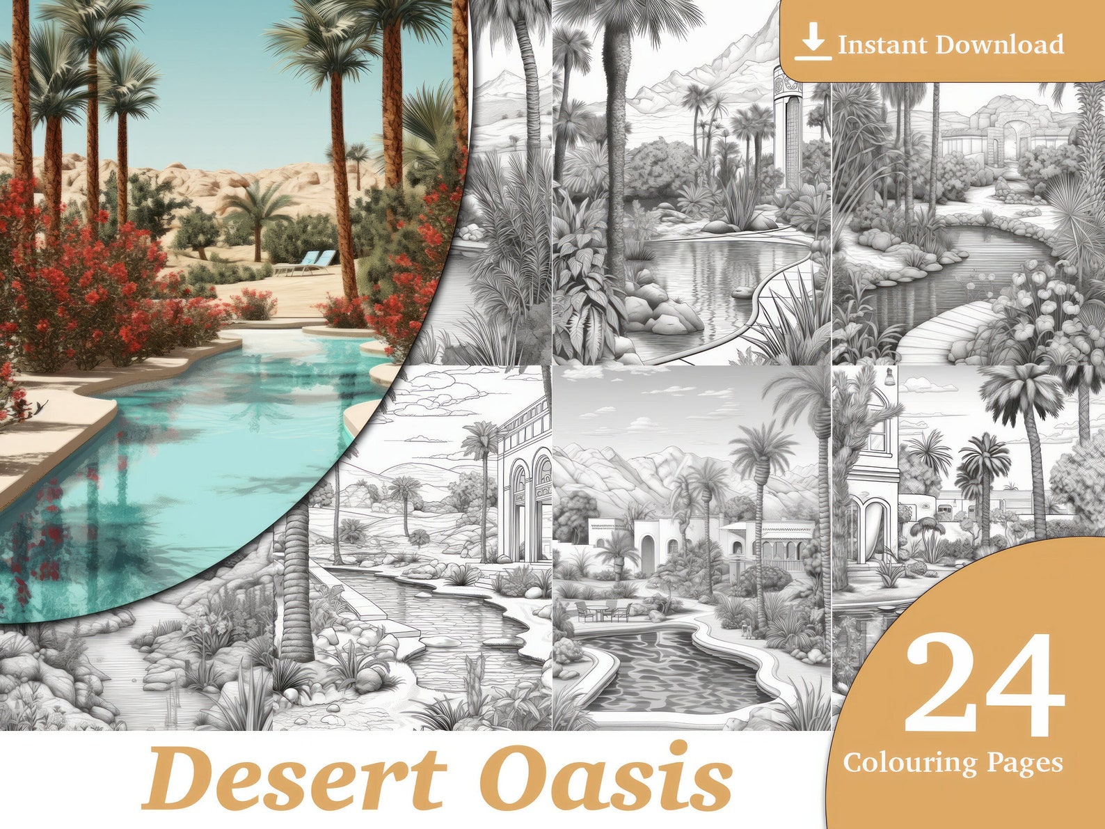24 Desert Oasis Coloring Book - Adults Kids Coloring Pages, Instant Download, Grayscale Coloring ...