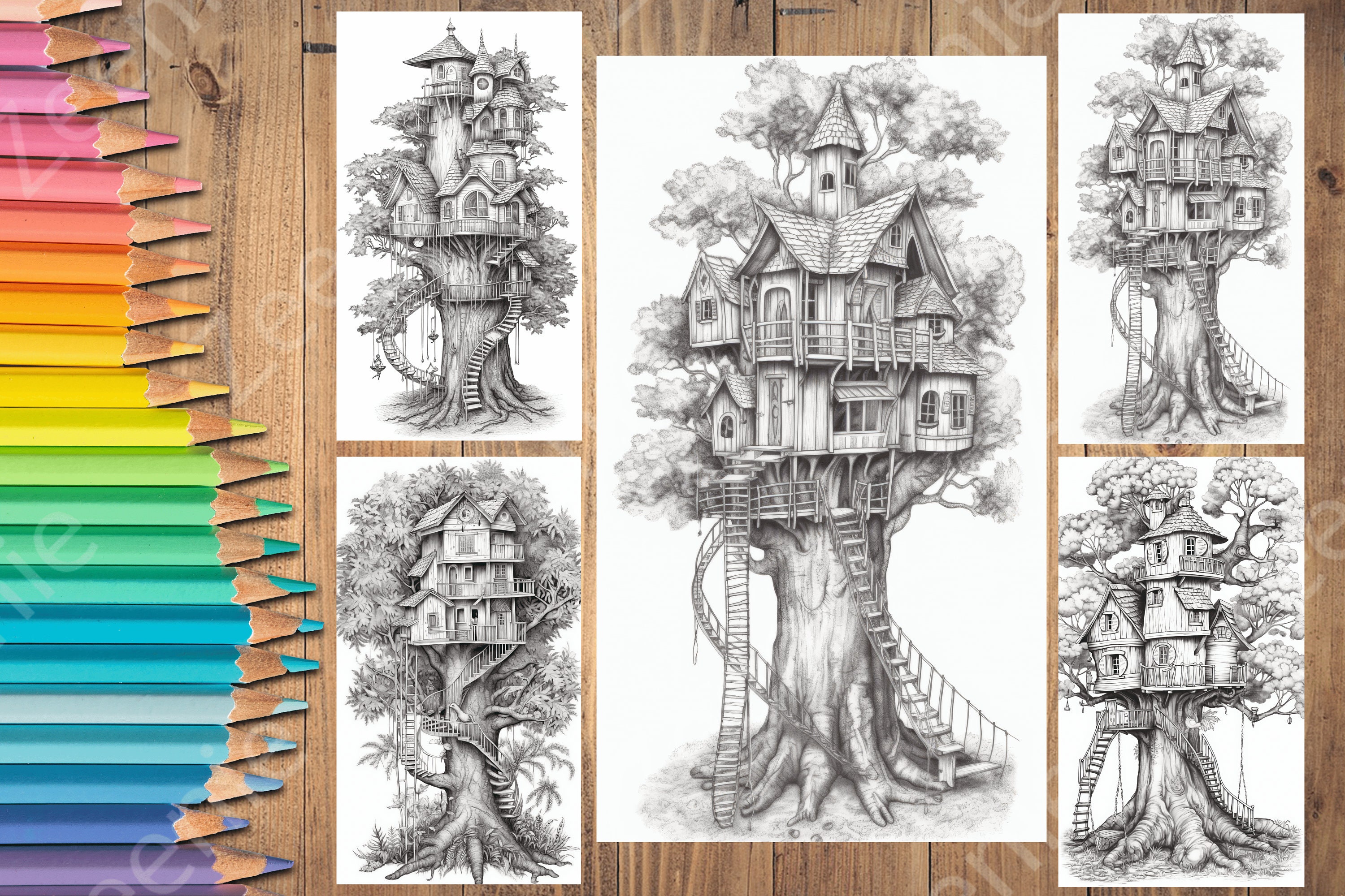 24 Enchanted Tree House Coloring Book - Adults Kids Coloring Pages ...