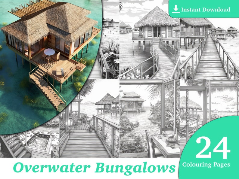 24 Overwater Bungalows Coloring Book - Adults Kids Coloring Pages ...