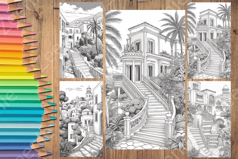 24 Mediterranean Greek Villas Coloring Book - Adults Kids Coloring ...