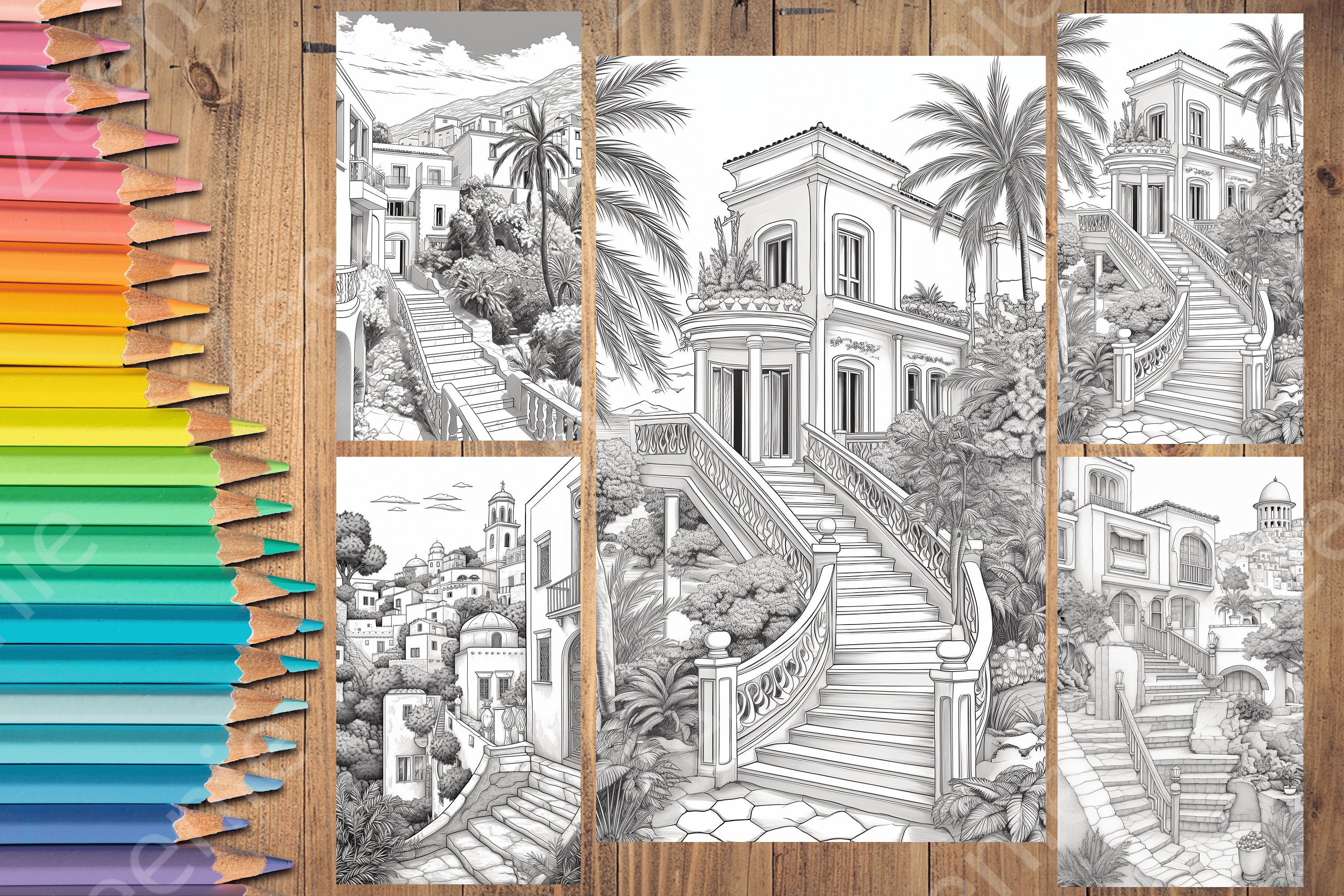 24 Mediterranean Greek Villas Coloring Book - Adults Kids Coloring ...