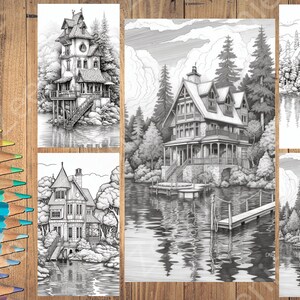 24 Beautiful Lake Houses Coloring Book Adults Coloring Pages Instant ...