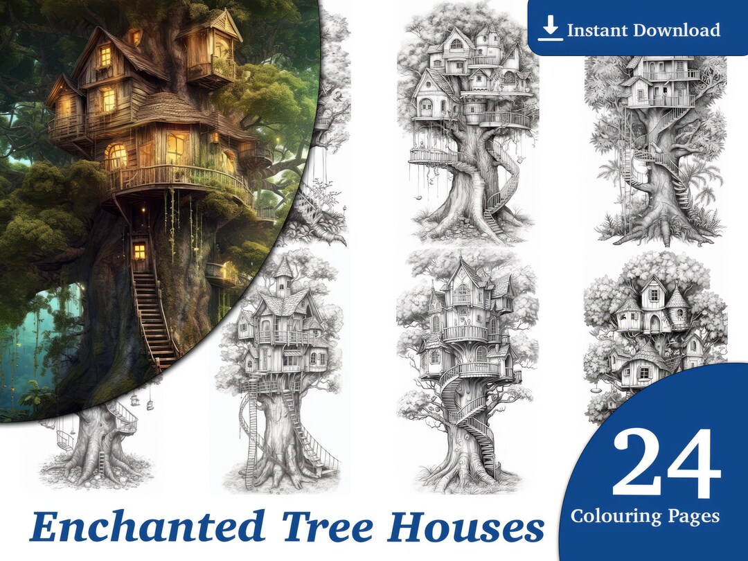 24 Enchanted Tree House Coloring Book - Adults Kids Coloring Pages ...