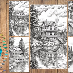 24 Beautiful Lake Houses Coloring Book Adults Coloring Pages Instant ...