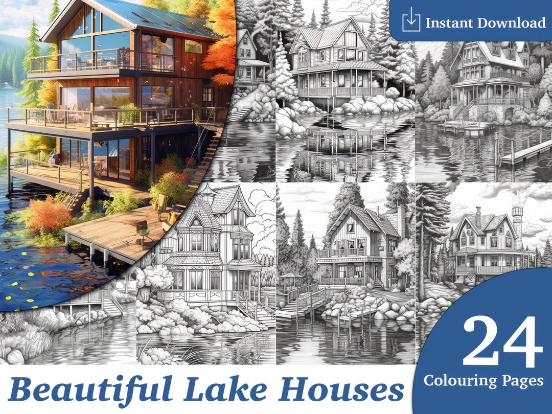 24 Beautiful Lake Houses Coloring Book Adults Coloring Pages Instant ...