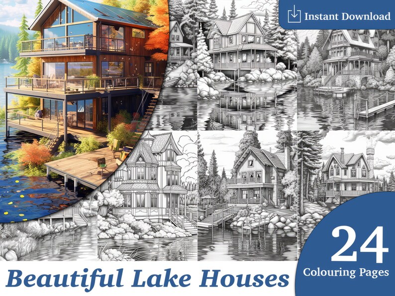 24 Beautiful Lake Houses Coloring Book Adults Coloring Pages Instant ...