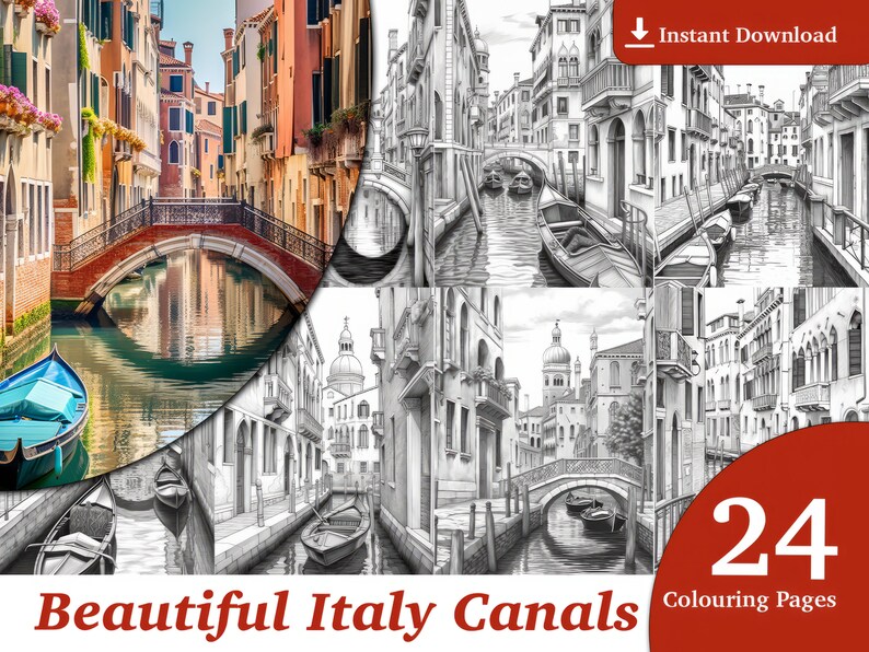 24 Beautiful Italy Canals Coloring Book - Adults Kids Coloring Pages ...