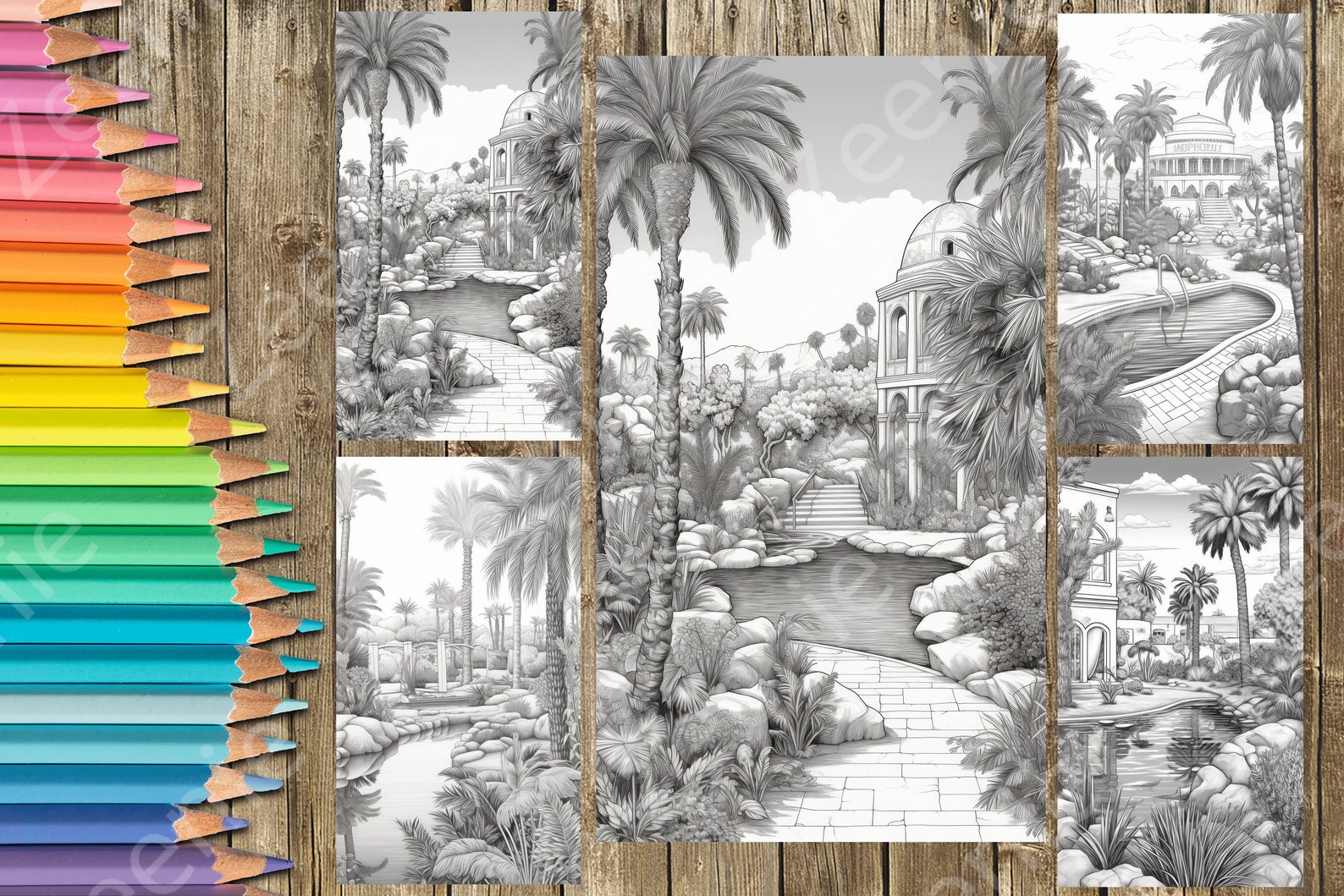 24 Desert Oasis Coloring Book - Adults Kids Coloring Pages, Instant Download, Grayscale Coloring ...