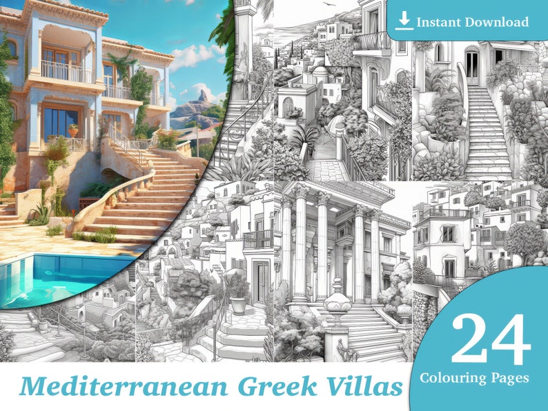 24 Mediterranean Greek Villas Coloring Book - Adults Kids Coloring ...