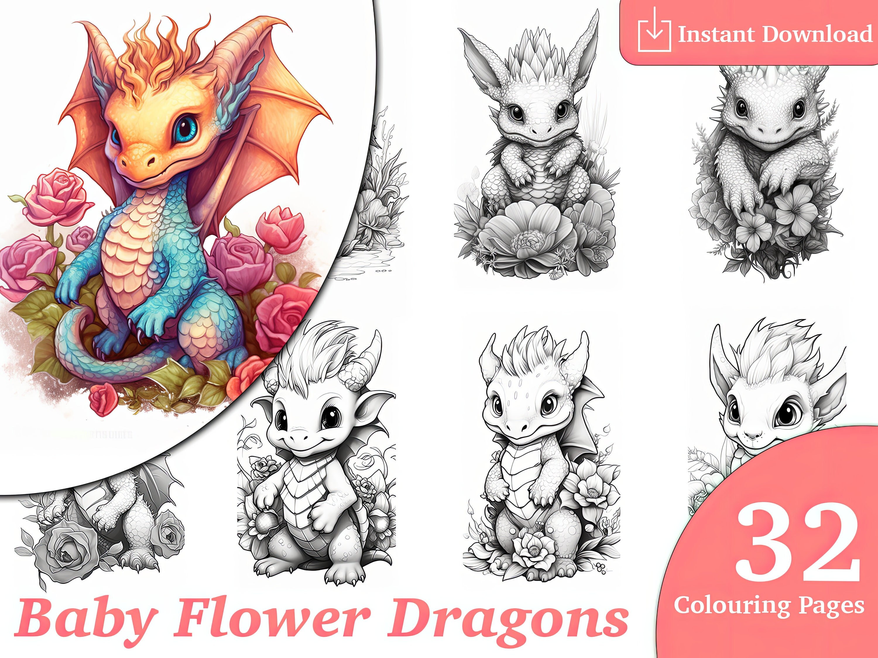 32 Baby Flower Dragons Coloring Book - Adults Kids Coloring Pages ...