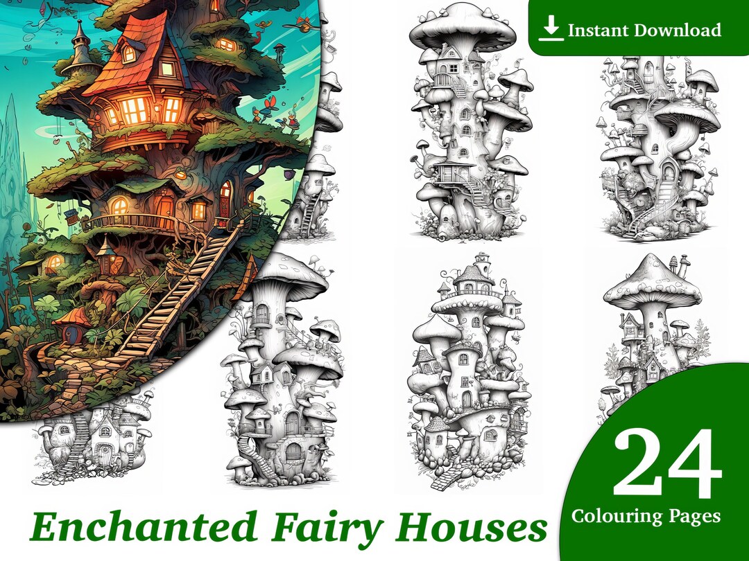 24 Enchanted Fairy Houses Coloring Book - Adults Kids Coloring Pages ...