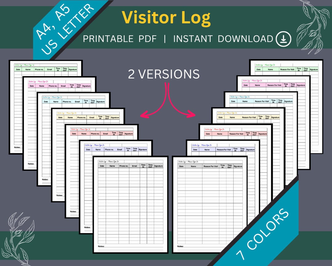 Printable Visitor Log | Visitors Sign in and Out Log | Visitors Log ...
