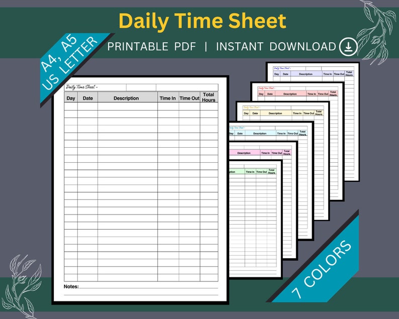 Daily Time Sheet | Printable Daily Time Sheet | Work Schedule | Time ...