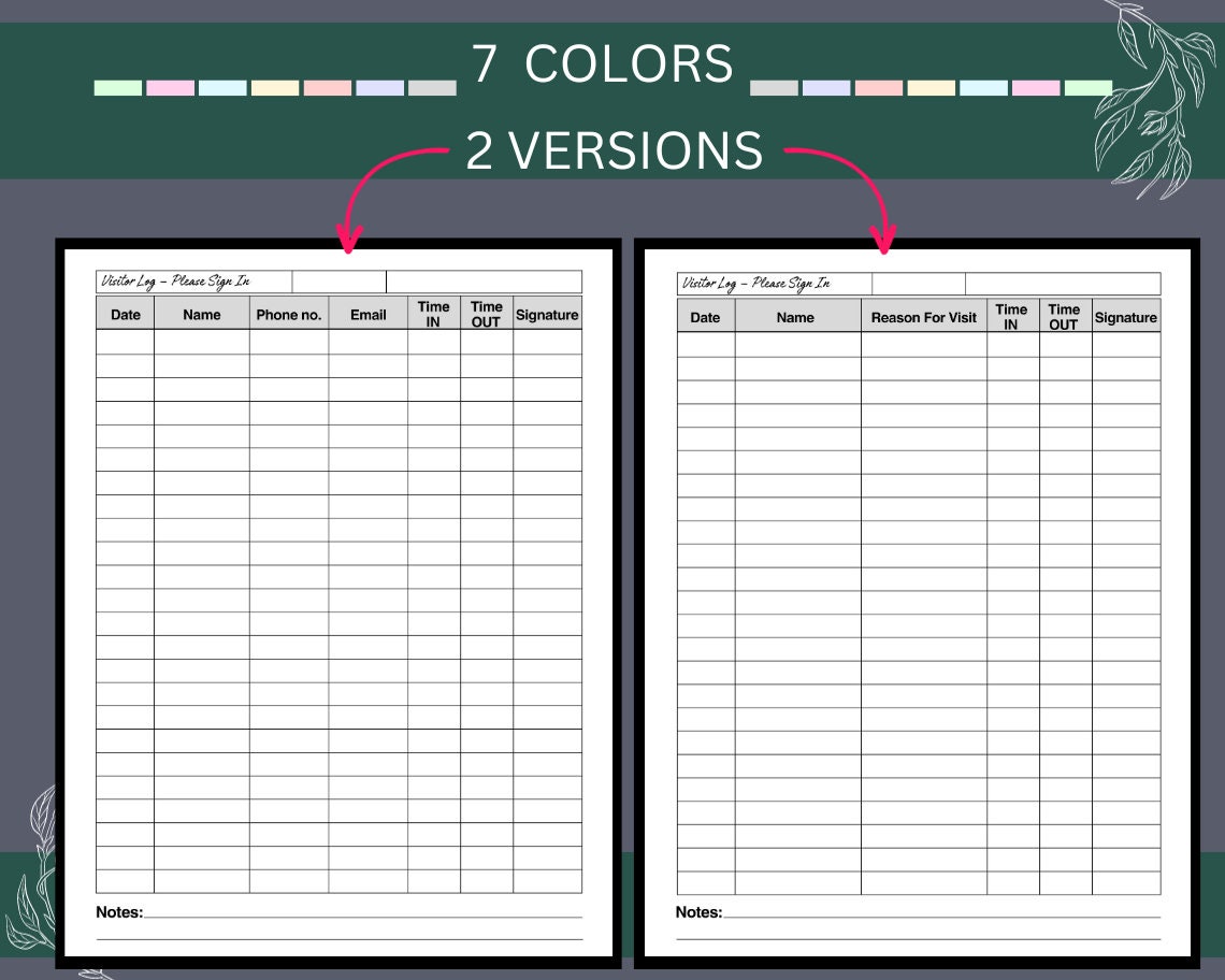 Printable Visitor Log | Visitors Sign in and Out Log | Visitors Log ...