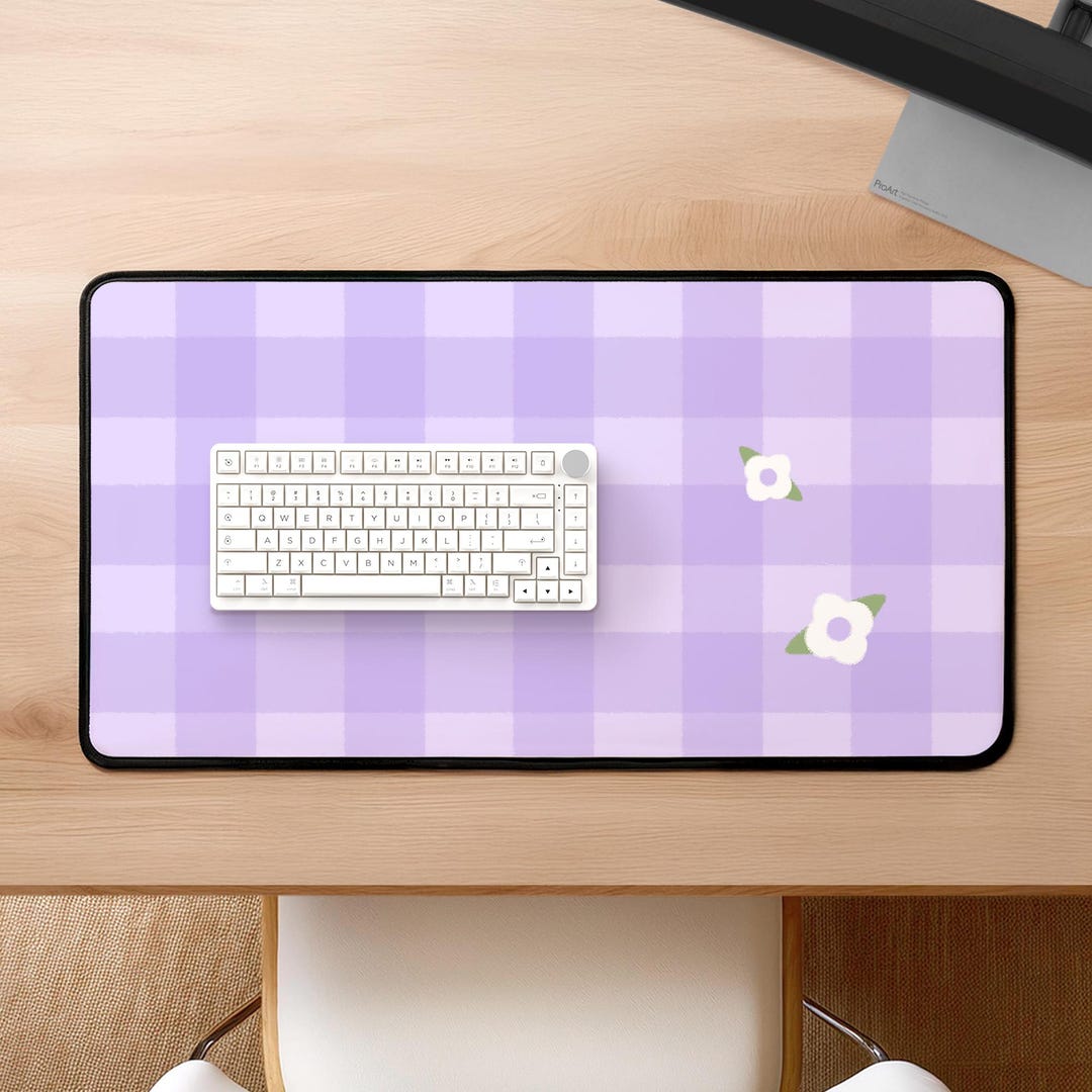 Grid Desk Mat, Lilac Desk Mat, Simple Purple Desk Mat, White Flower ...