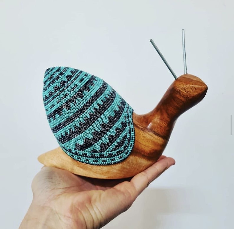 Wooden Snail Sculpture, Wixarika Art, Wood Art, Wooden Snail With Beads ...