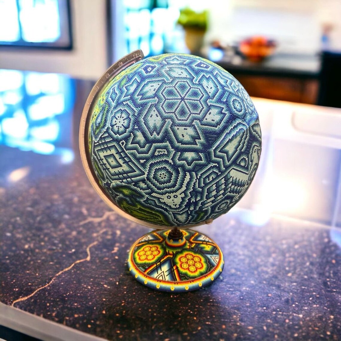 Beaded Wooden Globe, Huichol Art, Wooden World Globe , Beaded Globe ...