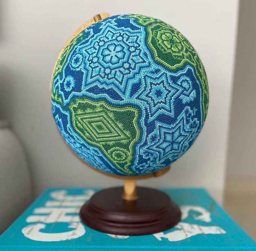 Beaded Wooden Globe, Huichol Art, Wooden World Globe , Beaded Globe ...