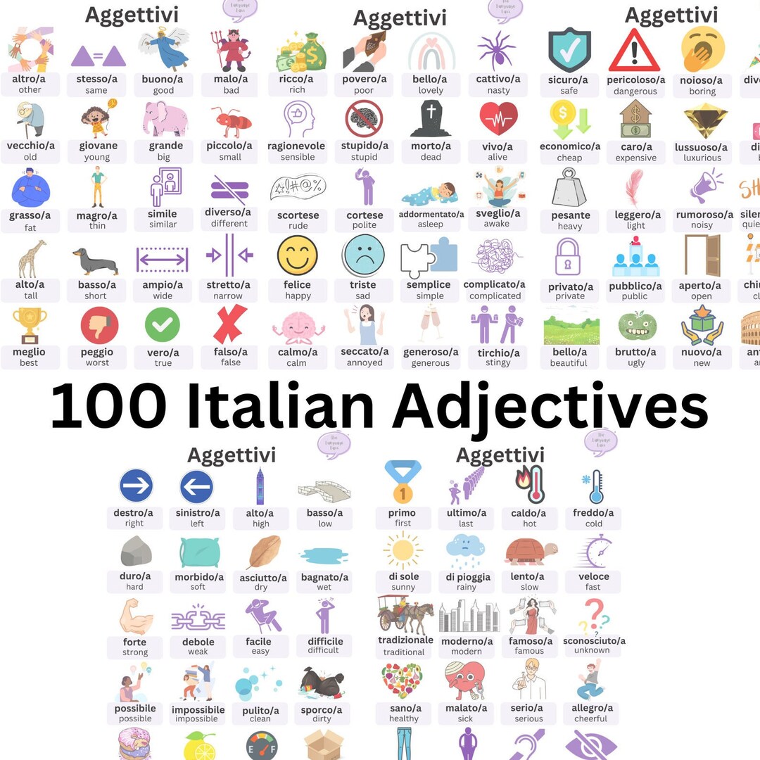 100 Italian Adjectives Italian Vocabulary Italian - Etsy