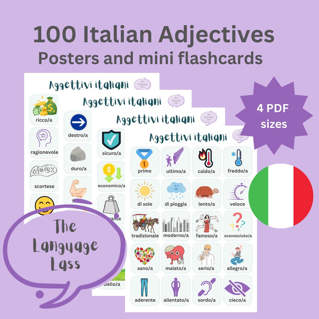 100 Italian Adjectives Italian Vocabulary Italian Flashcards - Etsy