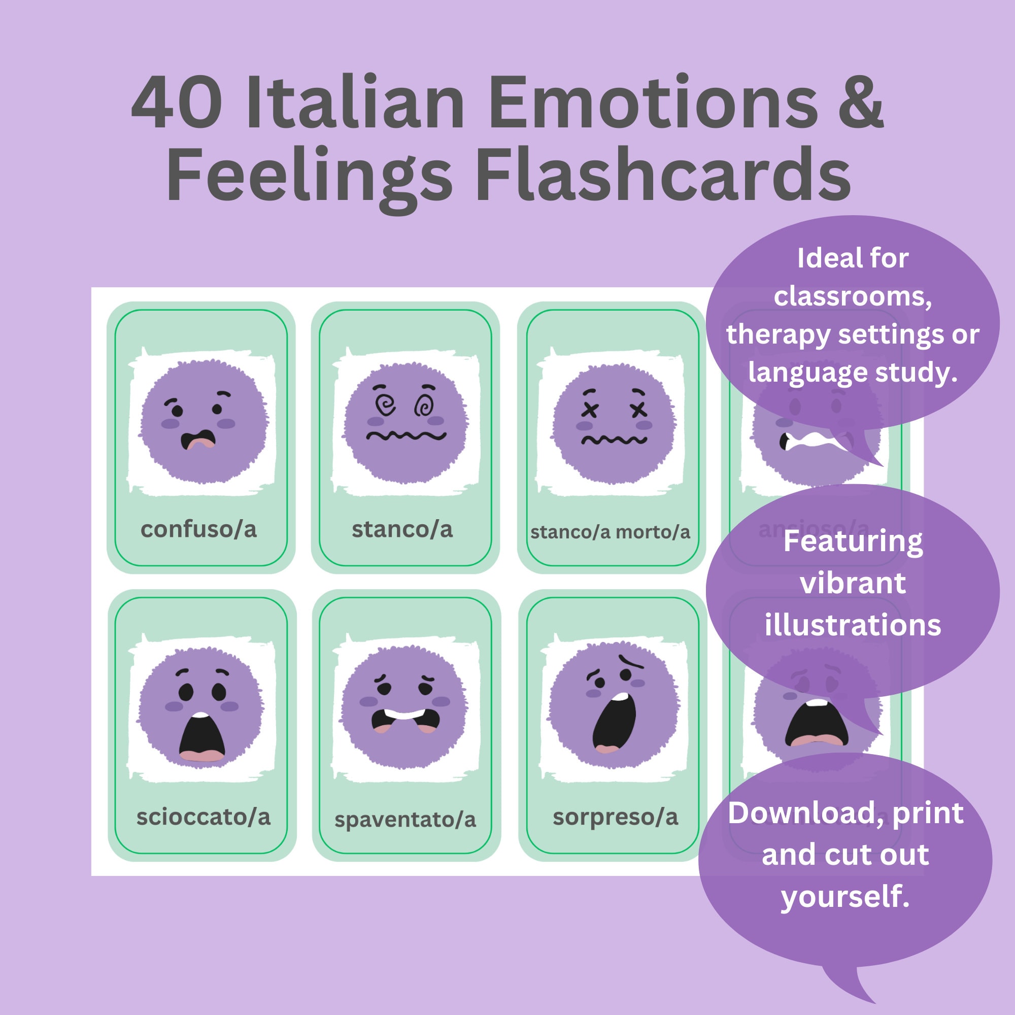 40 Italian Emotions Flashcards | Italian Flashcards | Learn Italian - Etsy