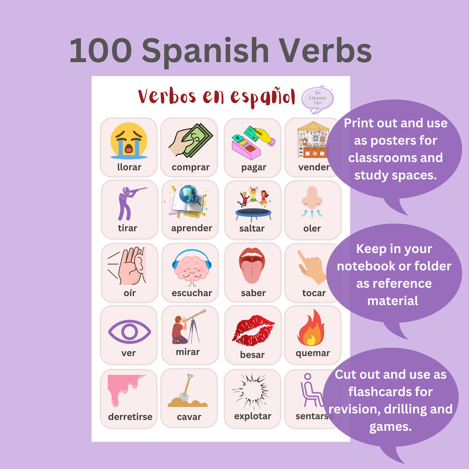 100 Spanish Verbs Flashcards | Printable Spanish Vocabulary | Learn ...